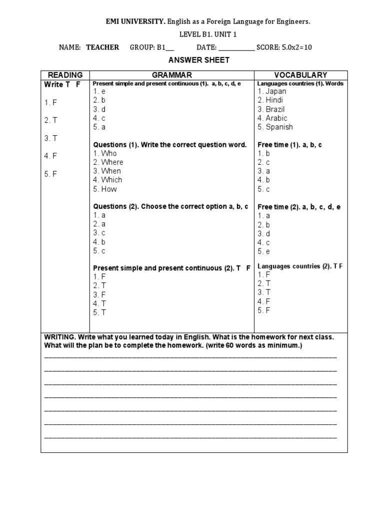 3 Answer Sheet B1Unit 1 For Teacher | PDF | English Language | Human ...