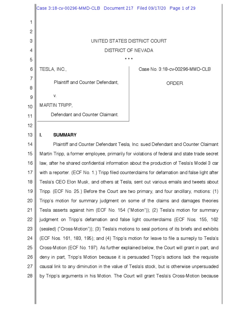 Tesla vs. Martin Tripp Ruling PDF | Download Free PDF | Defamation ...