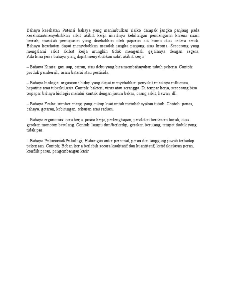 Bahaya Kesehatan Potensi Bahaya Yang Menimbulkan Risiko Dampak Jangka Panjang Pada Kesehatan | PDF