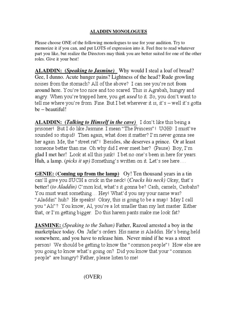 Aladdin Monologues | PDF | Mystery, Thriller & Crime Fiction | General ...