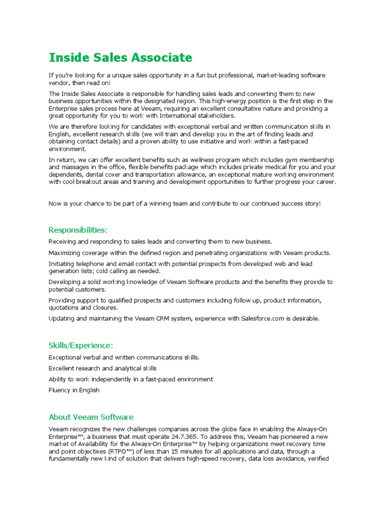 Inside Sales Associate: Responsibilities | PDF | Sales | Customer ...