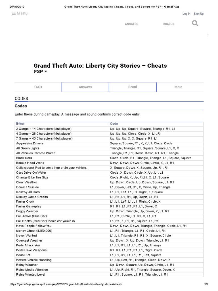 Grand Theft Auto - Liberty City Stories Cheats, Codes, and Secrets For PSP - GameFAQs | PDF ...