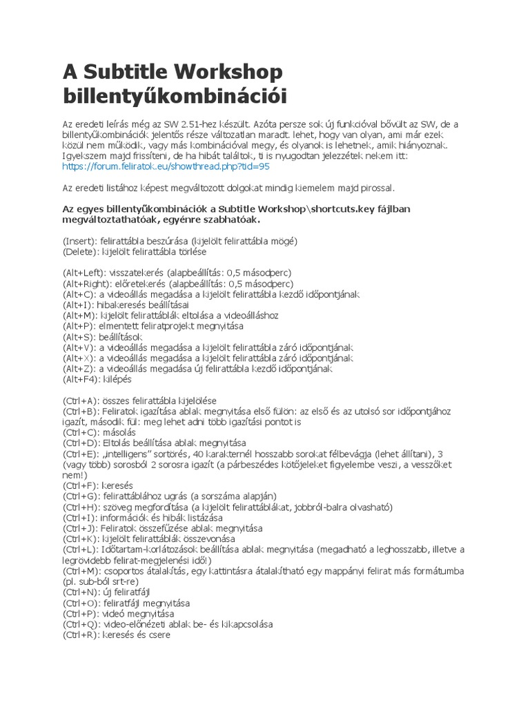 A Subtitle Workshop Billentyűkombinációi | PDF