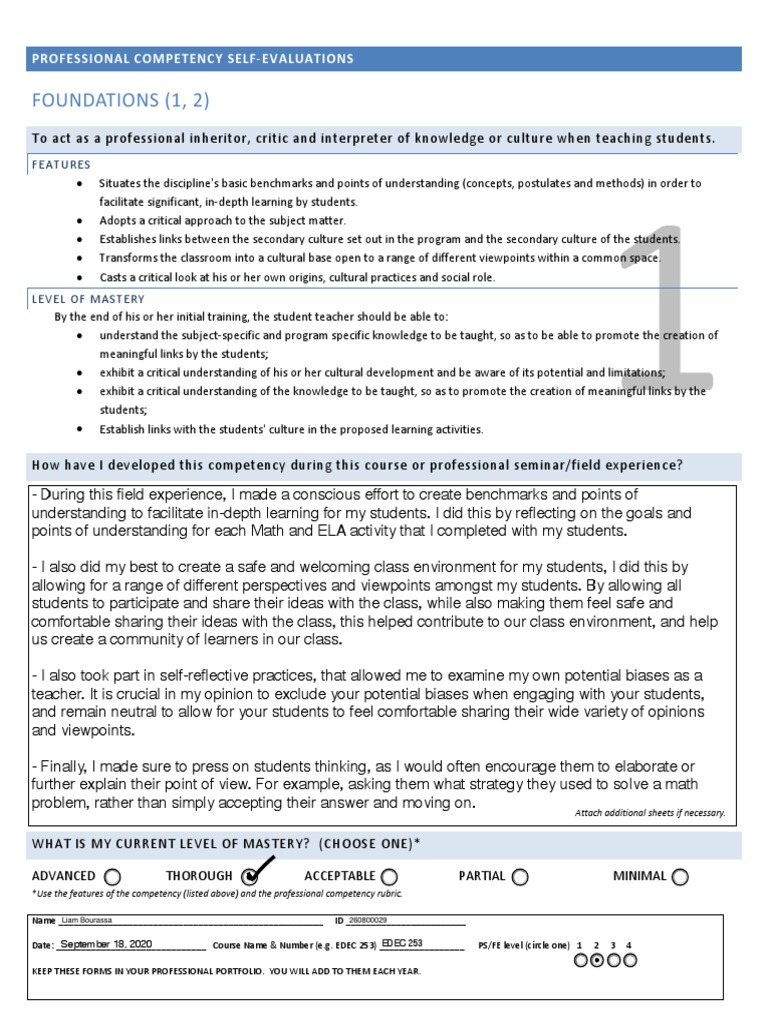 Professional Competency Self Evaluation Sheets | PDF | Competence ...