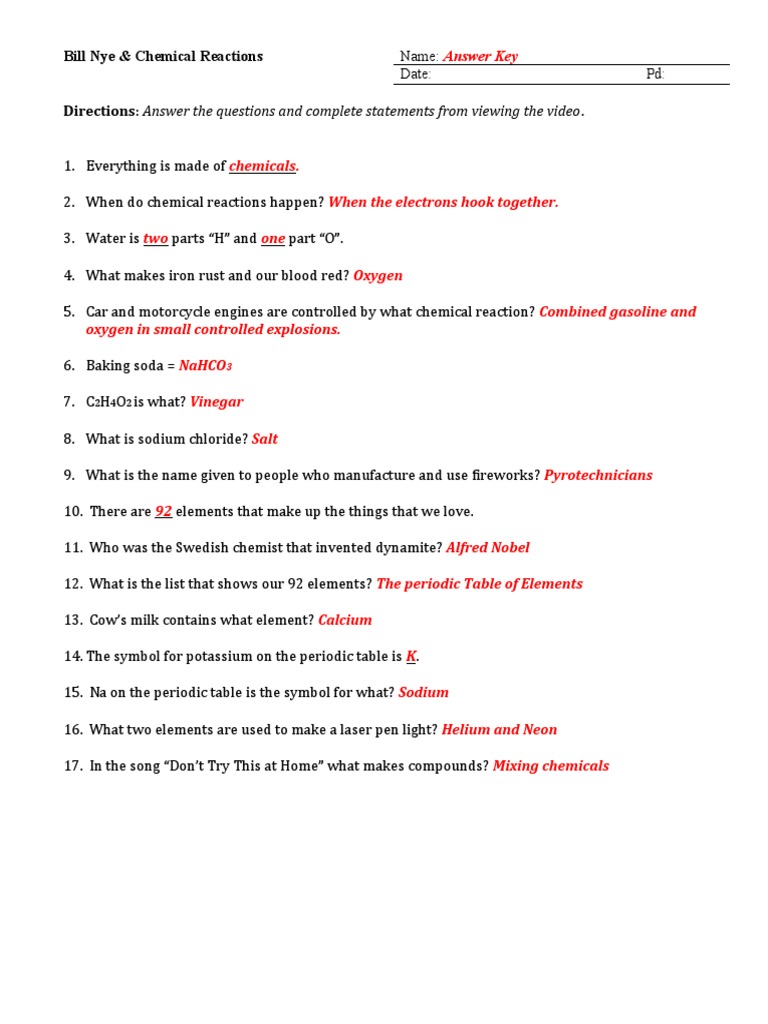 Bill Nye Chemical Reactions Answer Key | PDF