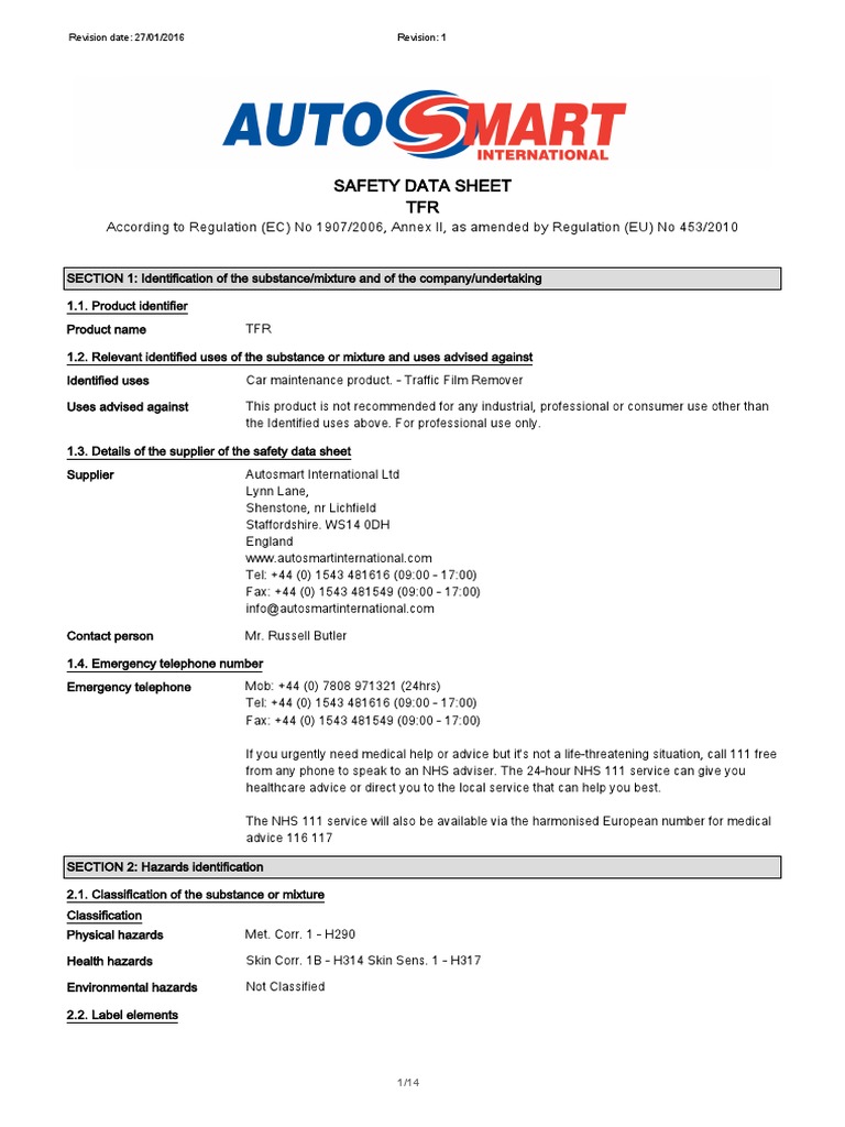 Safety Data Sheet TFR: According To Regulation (EC) No 1907/2006, Annex ...