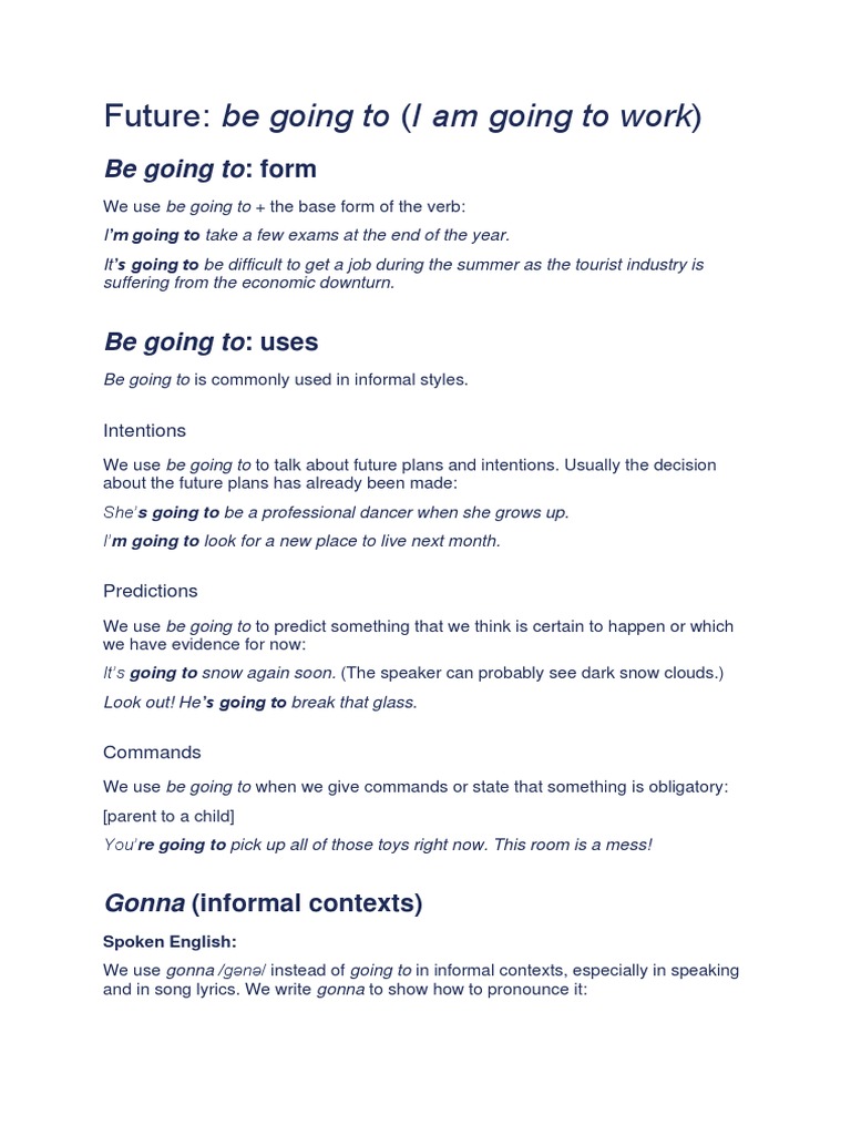 Future: Be Going To (I Am Going To Work) | PDF