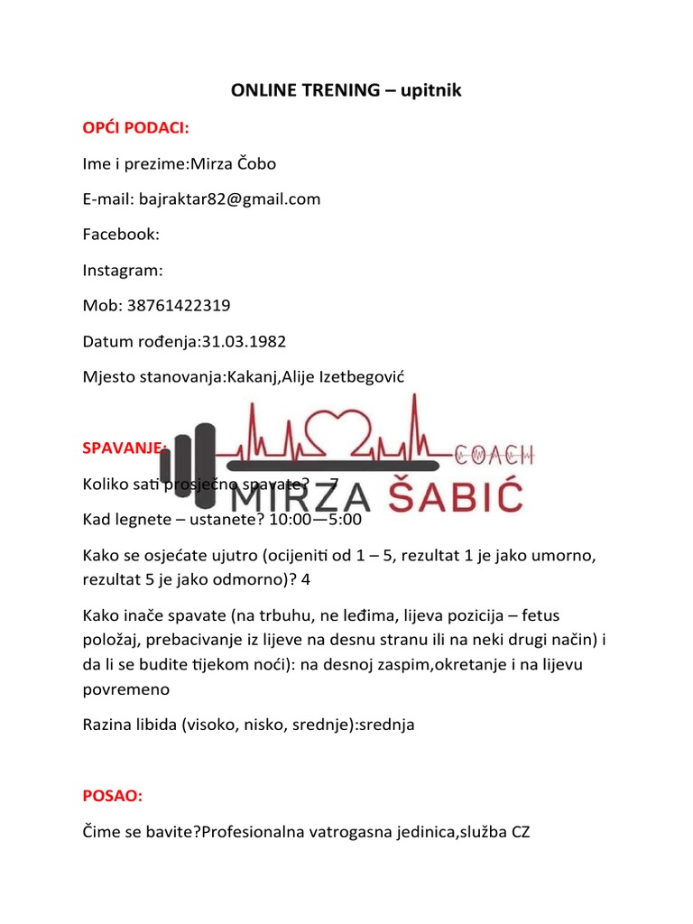 Upitnik Za Online Trening | PDF