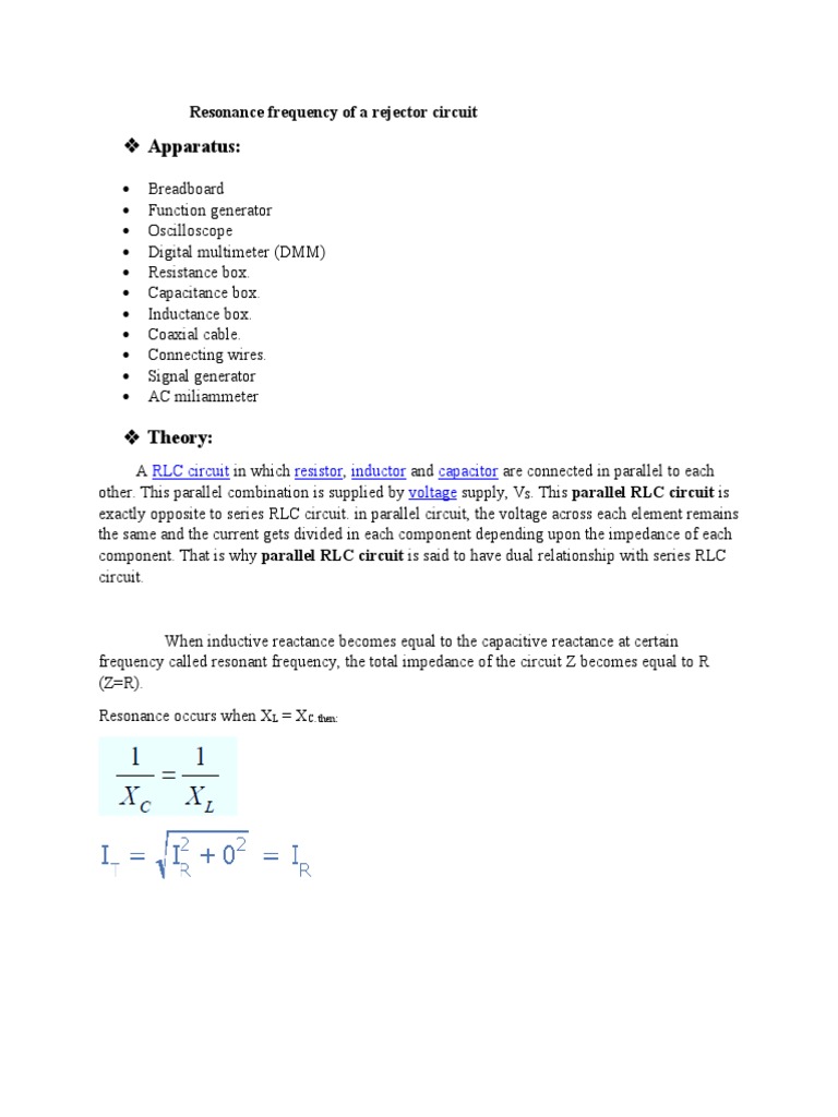 Resonance Frequency of A Rejector Circuit | PDF
