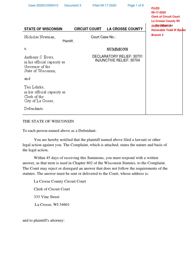 Authenticated Summons and Complaint - Evers Lawsuit | PDF | Wisconsin ...