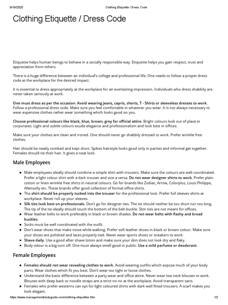 Clothing Etiquette / Dress Code: Male Employees | PDF | Clothing | Blouse