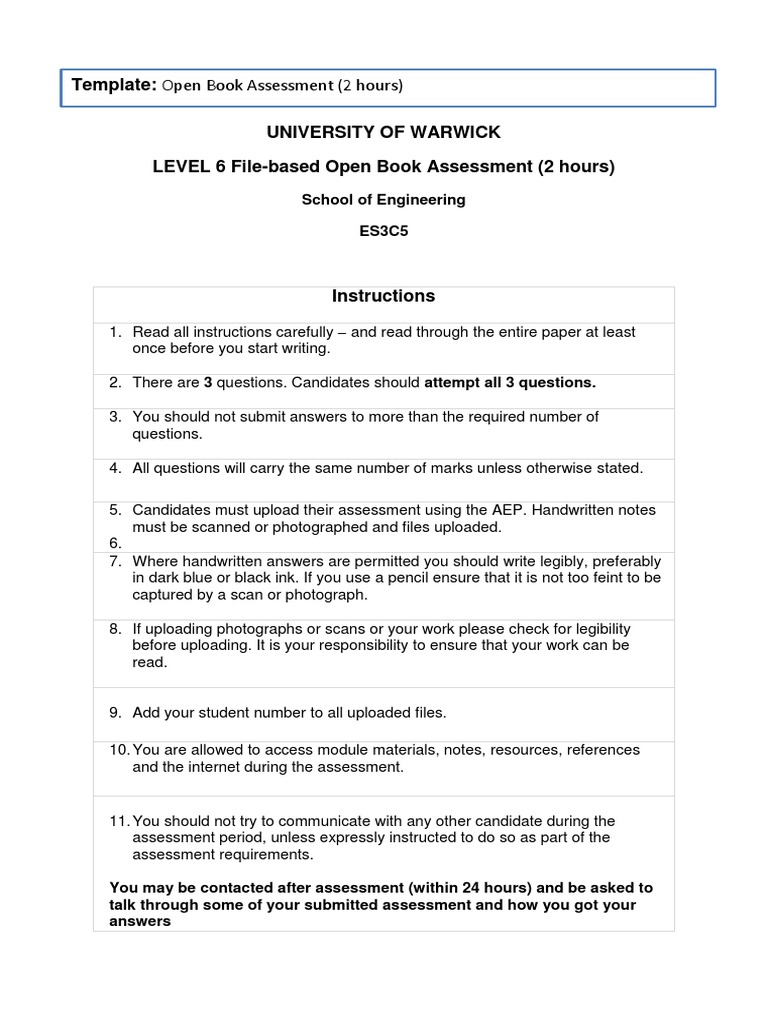 Open Book Assessment (2 Hours) : Template | Download Free PDF ...