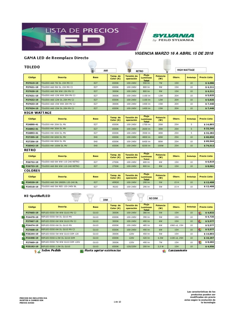 LISTA DE PRECIOS LED VIGENCIA MAR 16 A ABR 15 DE 2018 Jonatan PDF | PDF ...