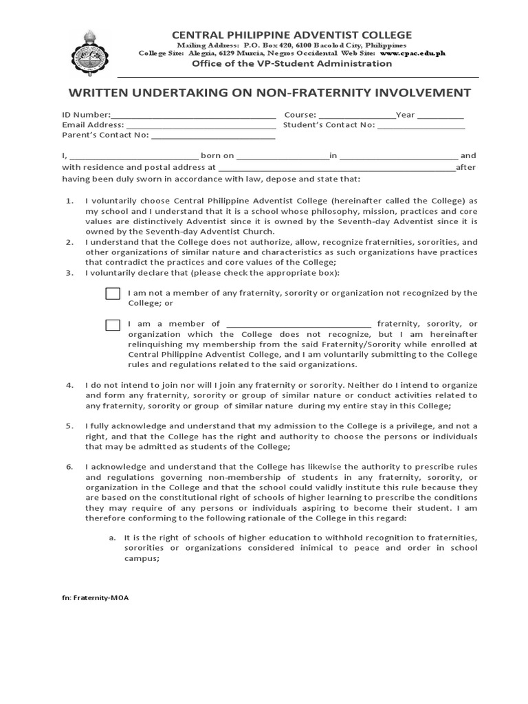 Written Undertaking On Non Written Undertaking On Non-Fraternity ...