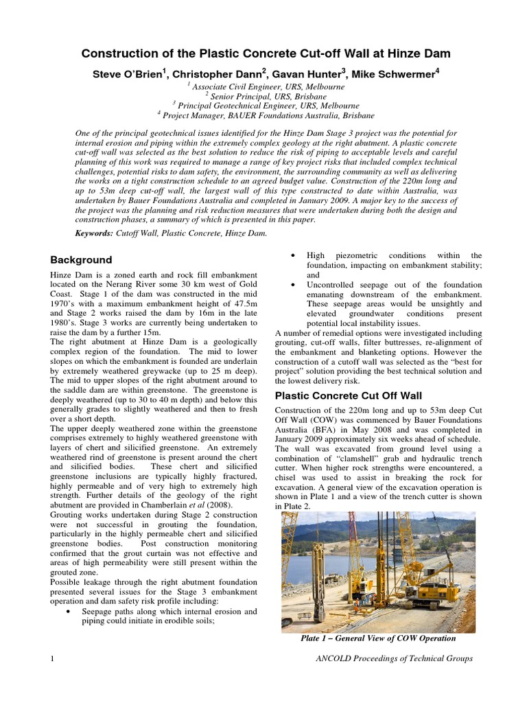 Construction of The Plastic Concrete Cut-Off Wall at Hinze Dam | PDF ...