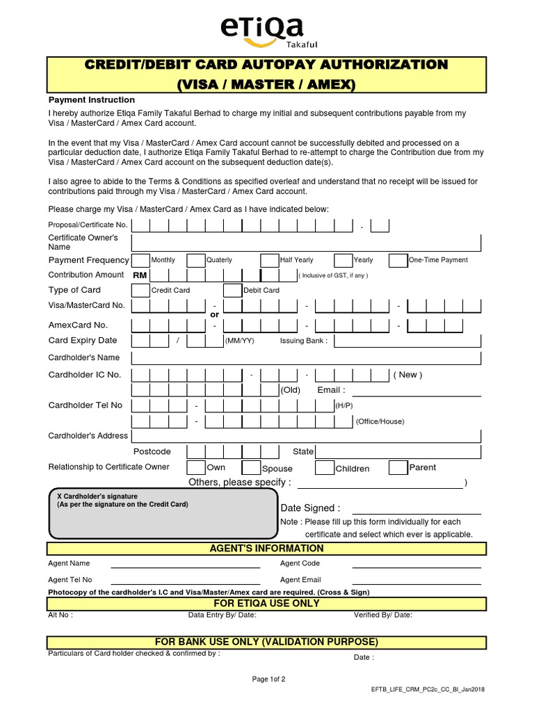 Etiqa Autopay Authorization Form | PDF | Debit Card | Visa Inc.