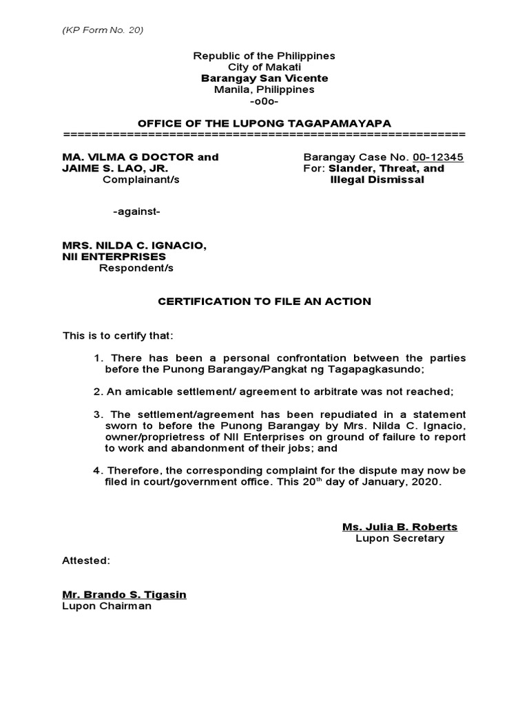 Certification to File Action in Barangay | PDF | Social Science | Law