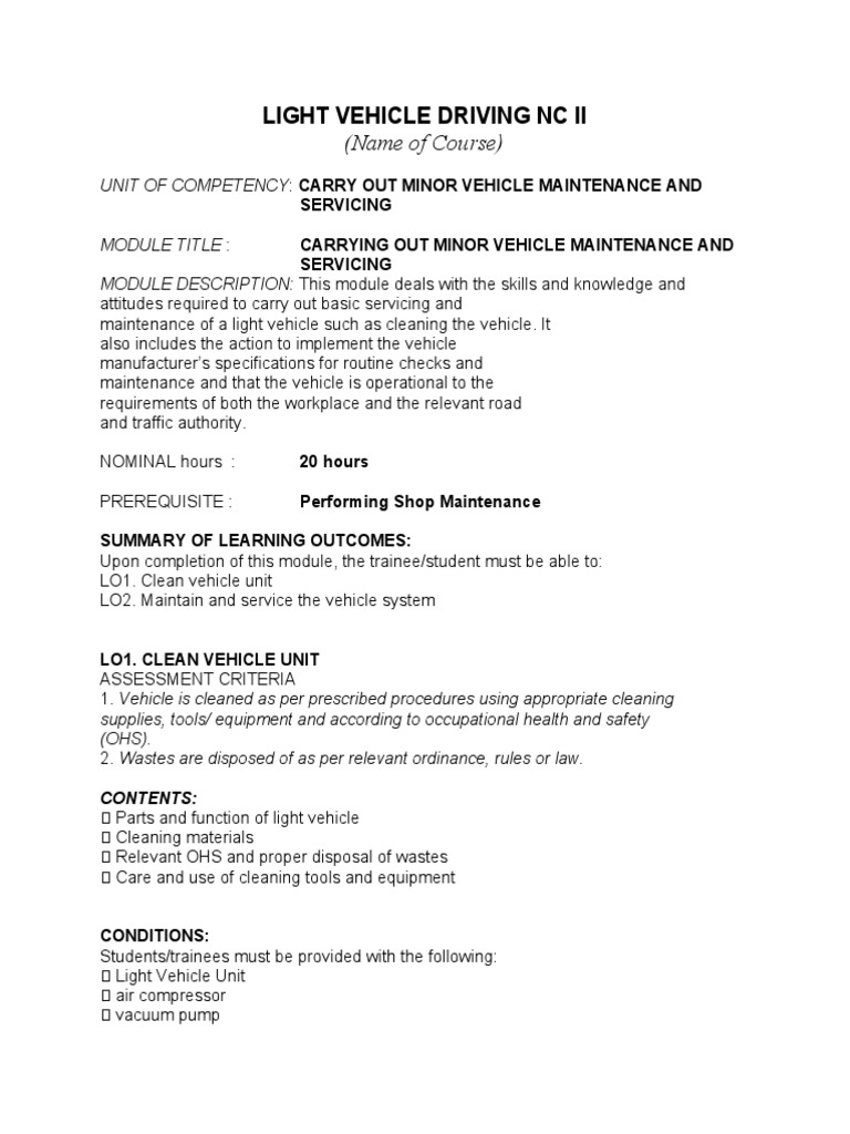 Training Module on Carrying Out Minor Vehicle Maintenance and Servicing ...