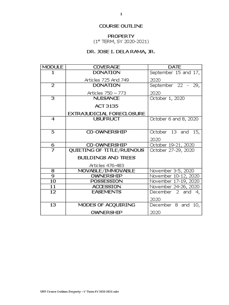 UST Course Outline (Property - 1 Term SY 2020-2021) .Adv | PDF | Common ...