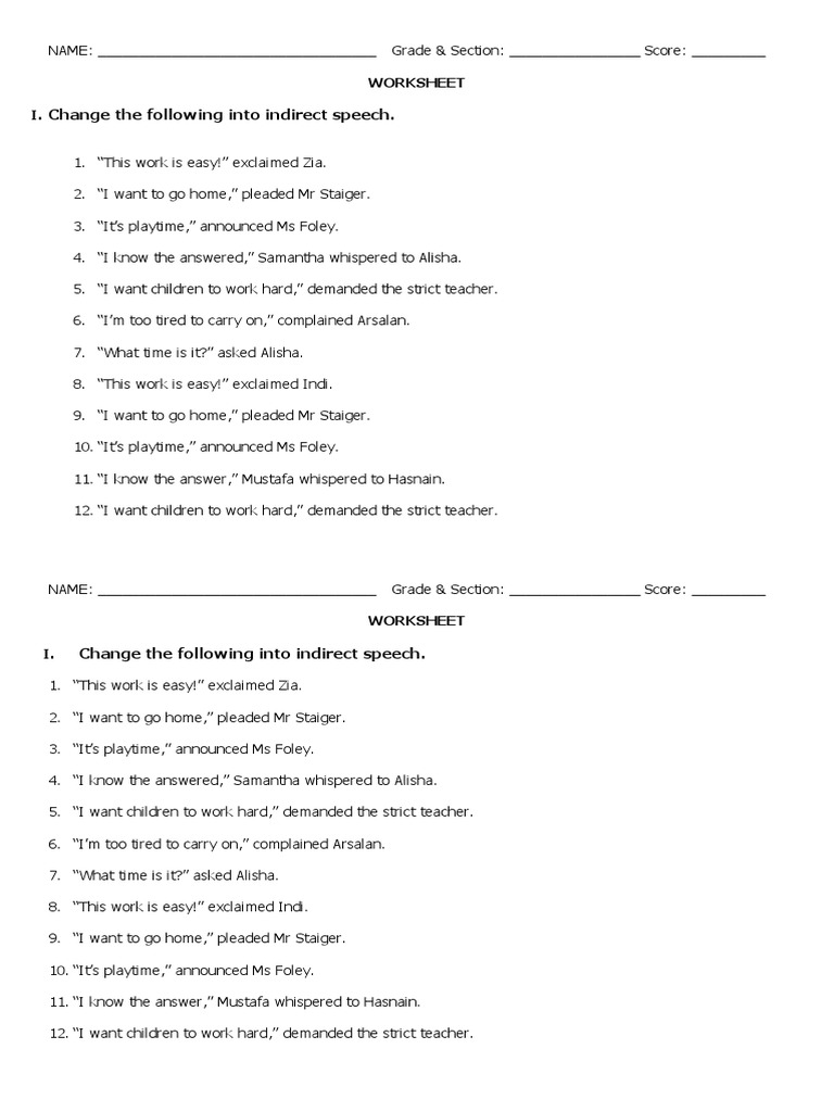 Change The Following Into Indirect Speech.: Worksheet I | PDF