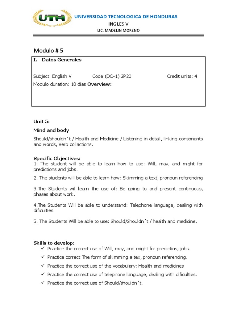 Modulo 5 Ingles V Class Do 1 2P20 | PDF | Speed Reading | Semiotics