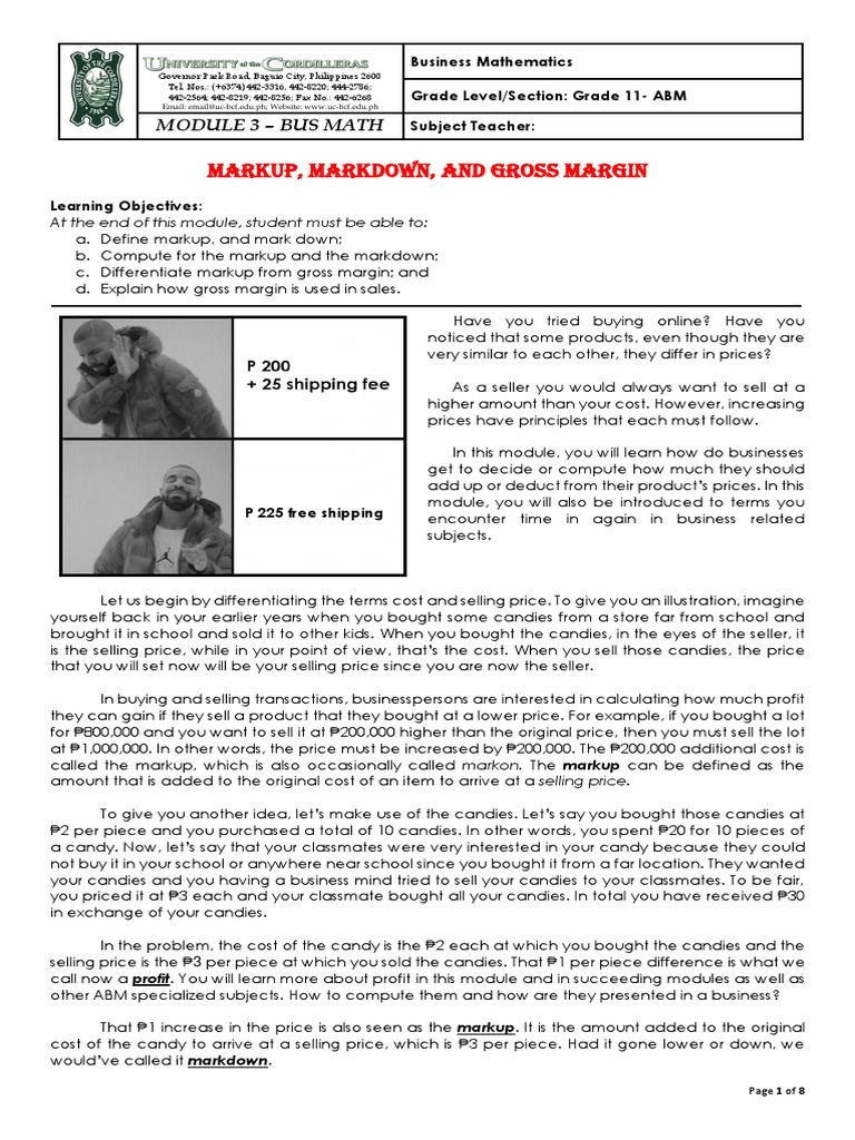 Markup, Markdown, and Gross Margin: Module 3 - Bus Math | Download Free ...