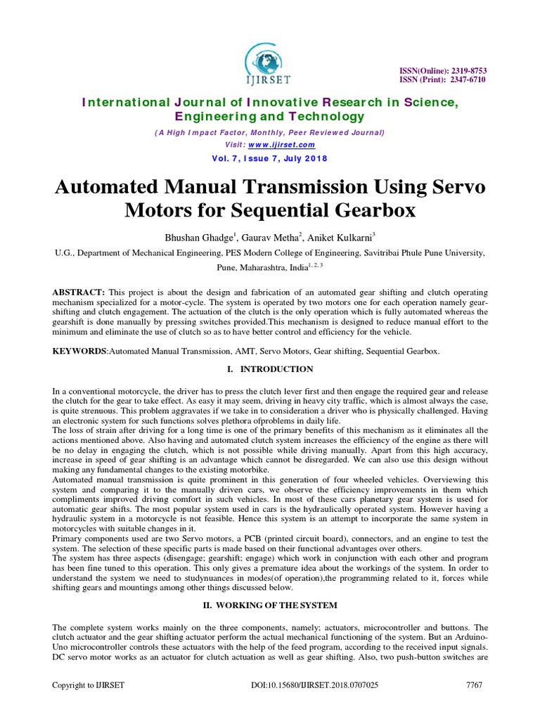 Automated Manual Transmission Using Servo Motors For Sequential Gearbox ...