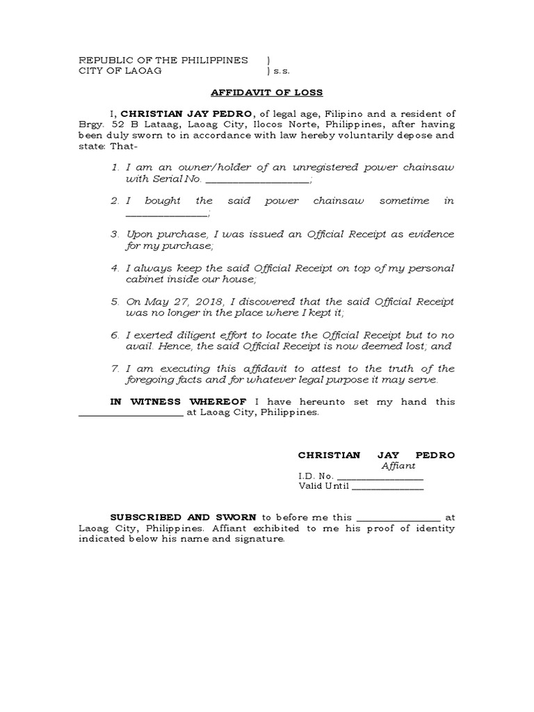 Affidavit of Loss - Chainsaw Receipt | PDF | Affidavit | Identity Document
