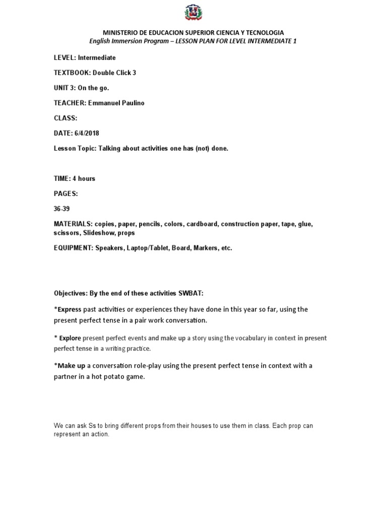English Immersion Program - LESSON PLAN FOR LEVEL INTERMEDIATE 1 | PDF ...