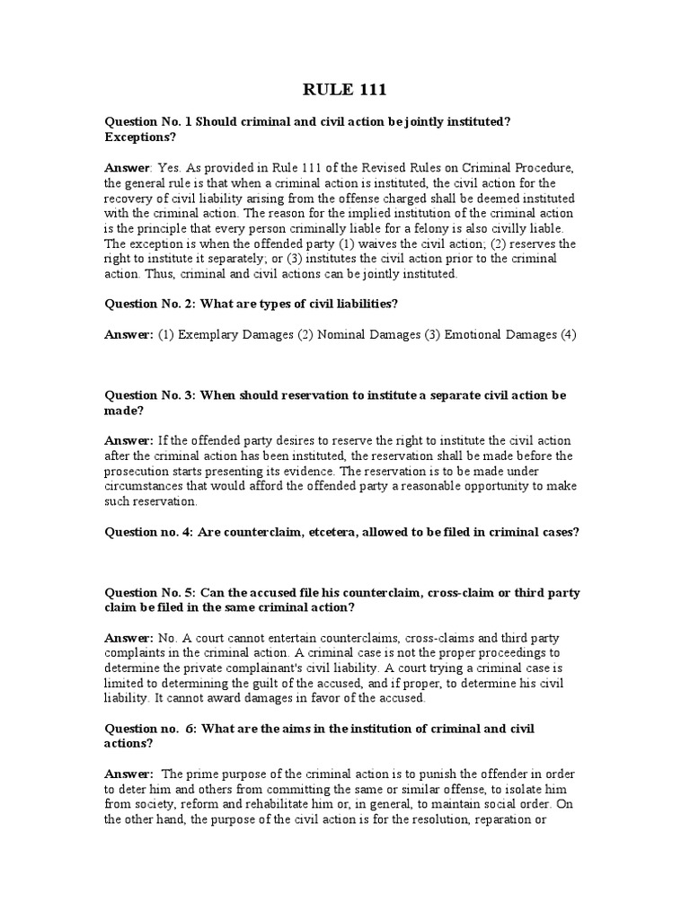 RULE 111 - With Answers | PDF | Acquittal | Criminal Procedure In South ...