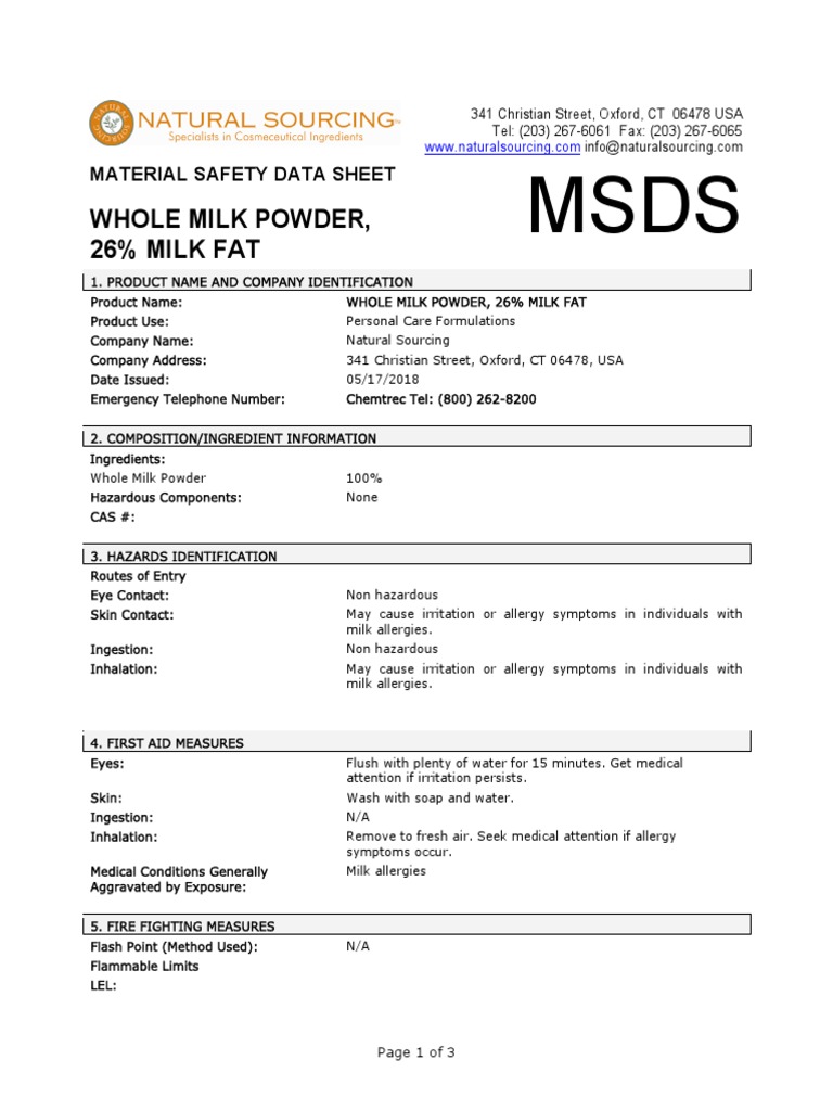 Whole Milk Powder MSDS Overview | PDF | Firefighting | Water