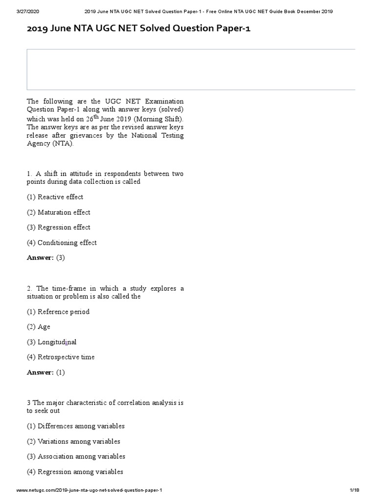2019 June NTA UGC NET Solved Question Paper-1 PDF | PDF | Sampling ...