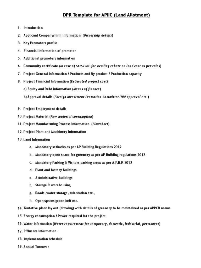 DPR Template for APIIC Land Allotment | PDF | Business