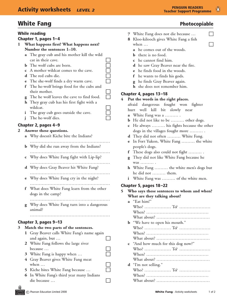 Activity Worksheet - White Fang | Download Free PDF | White Fang