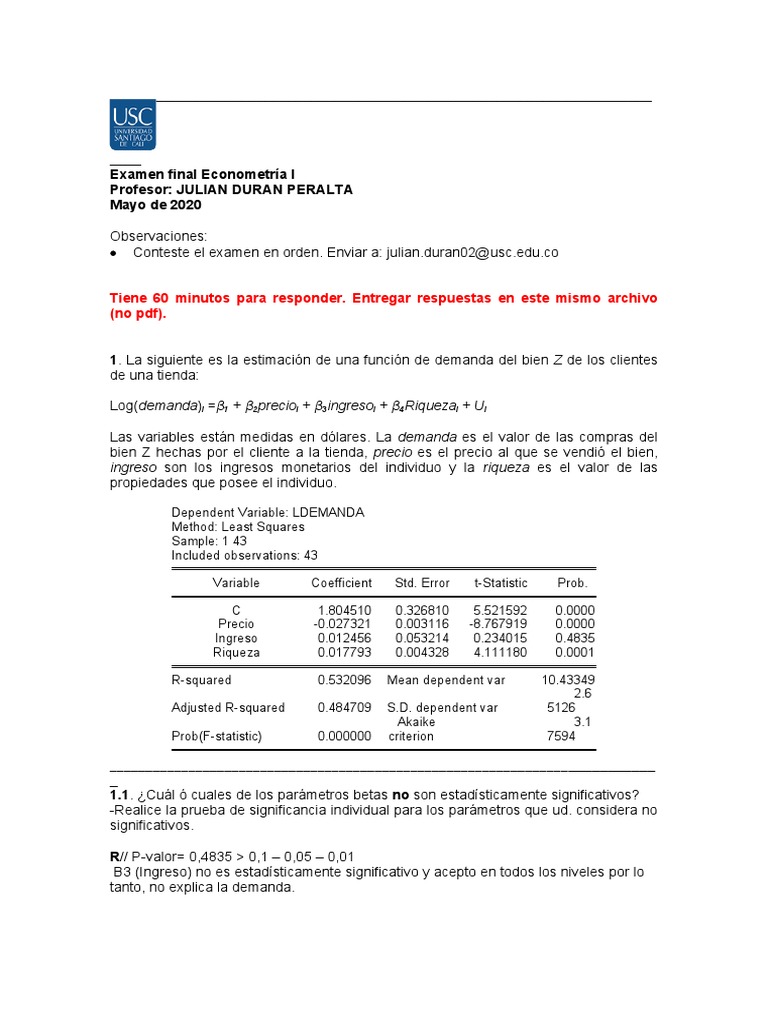 Examen 3 Final Econometria 1 | PDF | Multicolinealidad | Estadísticas