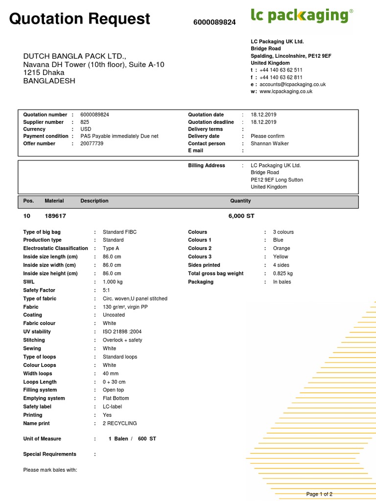 Quotation Request: Dutch Bangla Pack LTD., Navana DH Tower (10th Floor ...
