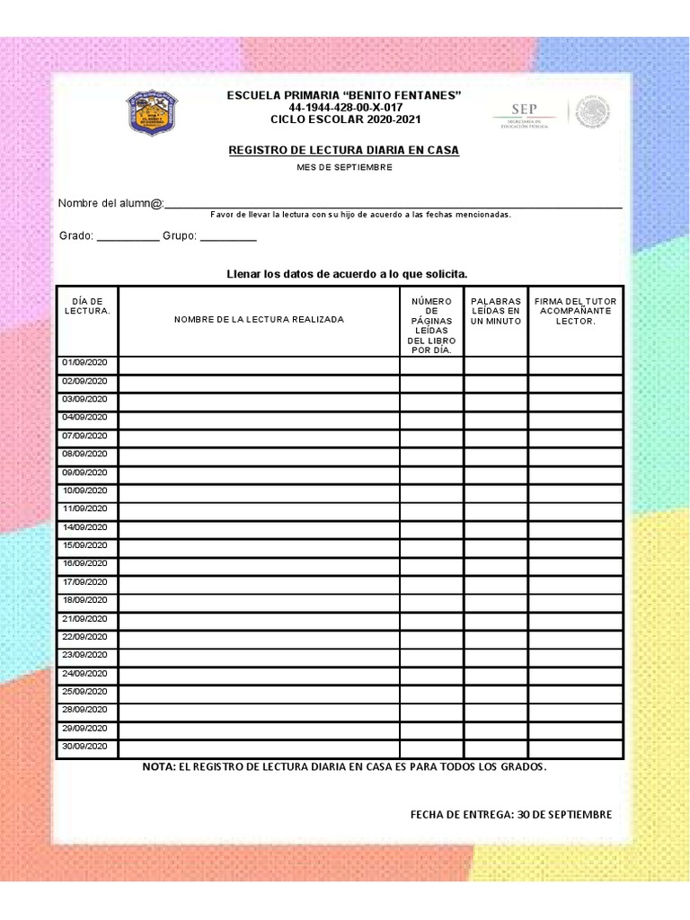 Registro de Lectura en Casa 1 | PDF