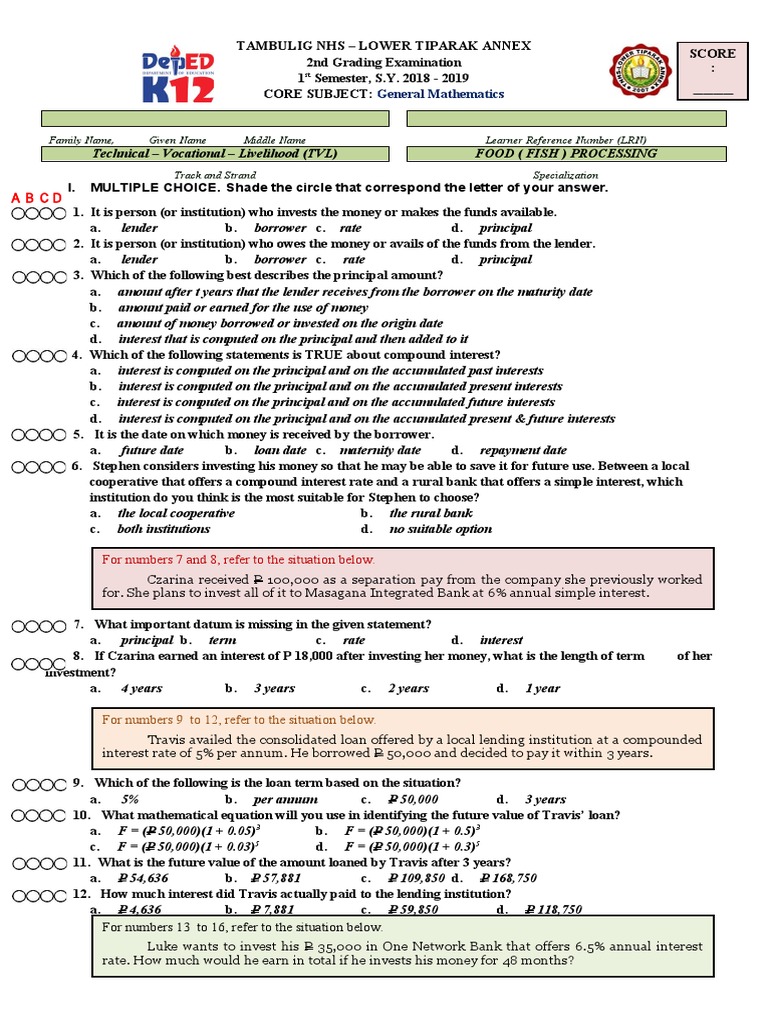 Gen Math 11 Exam 2nd FINAL | PDF | Interest | Loans