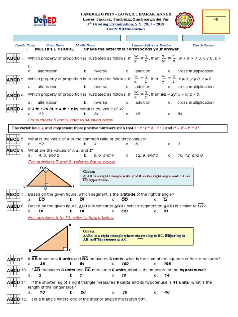 Grade 9 Math Exam 4th | PDF | Trigonometric Functions | Sine