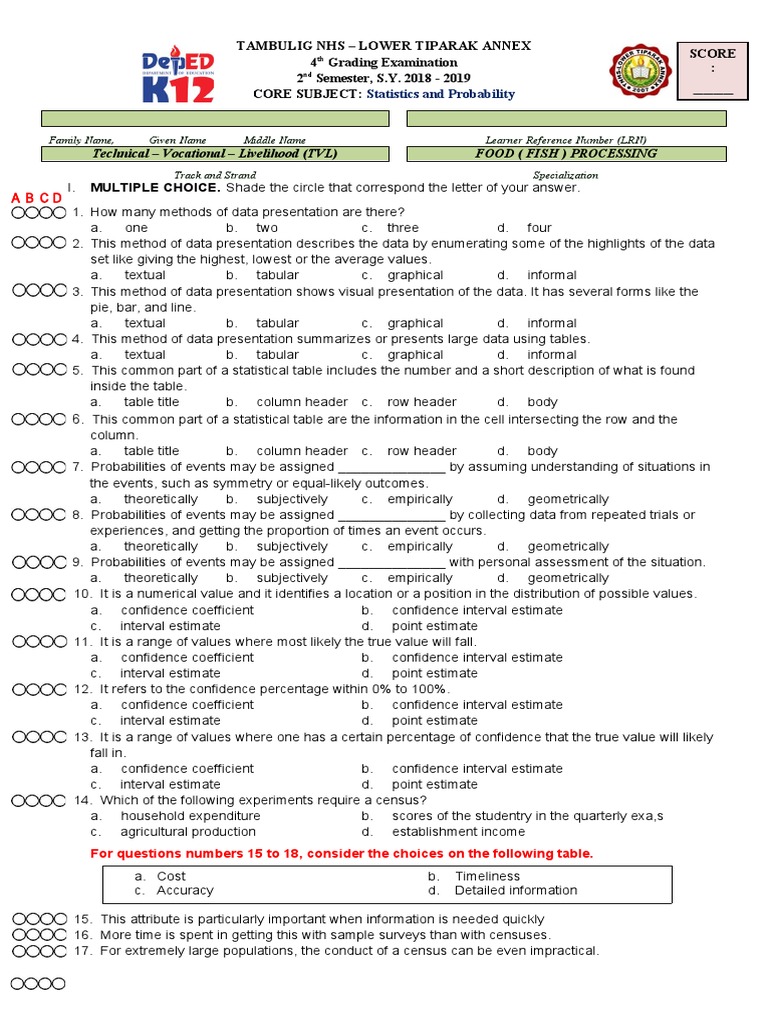 Stat & Prob 11 Exam 4th FINAL | PDF | Sampling (Statistics) | Correlation And Dependence