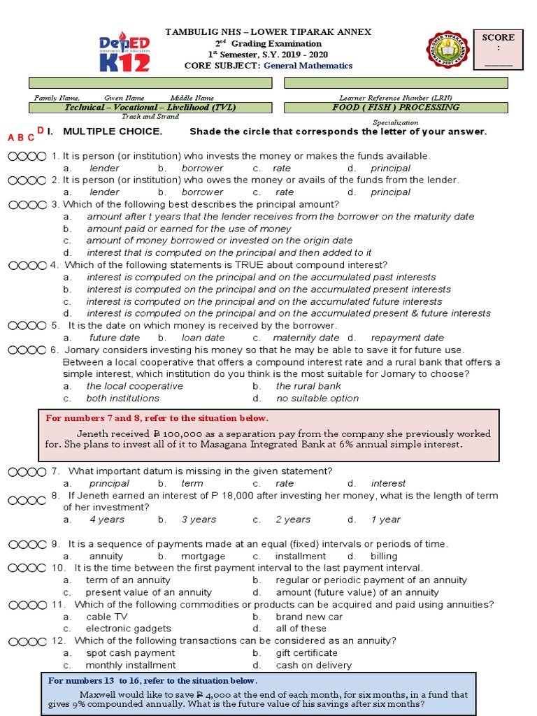 Gen Math 11 Exam 2nd FINAL | PDF | Interest | Proposition
