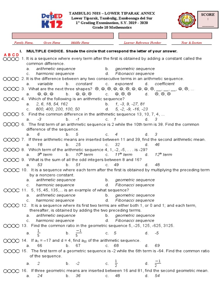 Grade 10 Math Exam 1st FINAL | PDF | Numerical Analysis | Algorithms