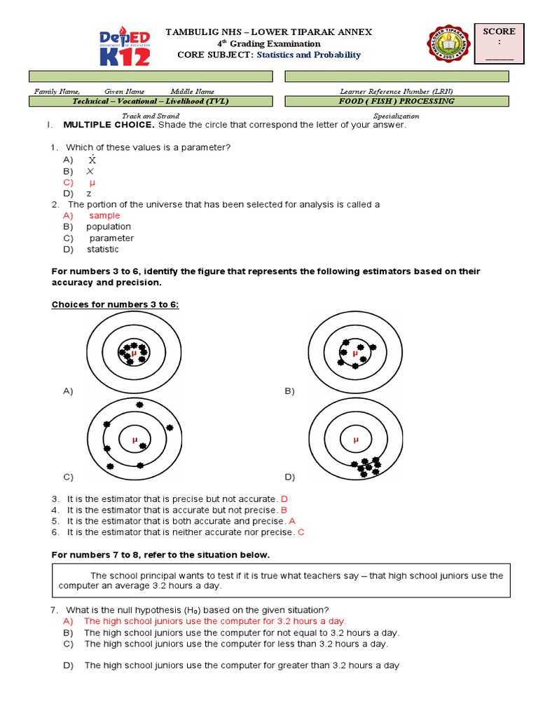Stat & Prob 11 Exam 4th FINAL | PDF | Type I And Type Ii Errors | Correlation And Dependence