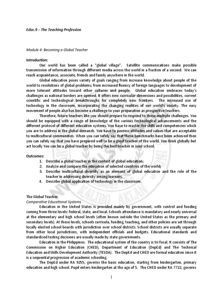 Week 4 Educ.9 TeachProfUnit I | PDF | Schools | Literacy