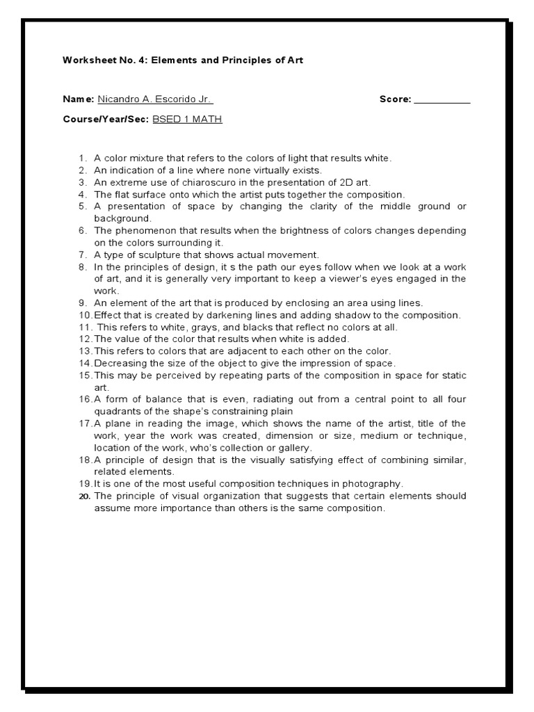 Worksheet No. 4 Elements and Principles of Art Answers | PDF | Teaching ...