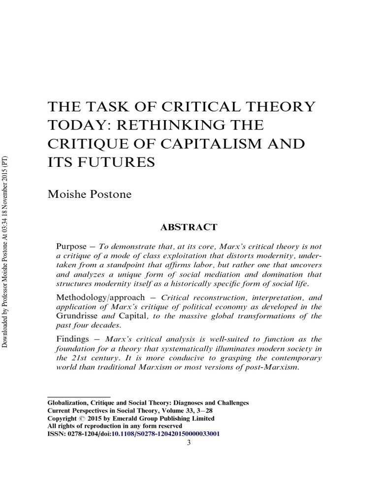 Postone The - Task - of - Critical - Theory - Today - Rethin | PDF ...