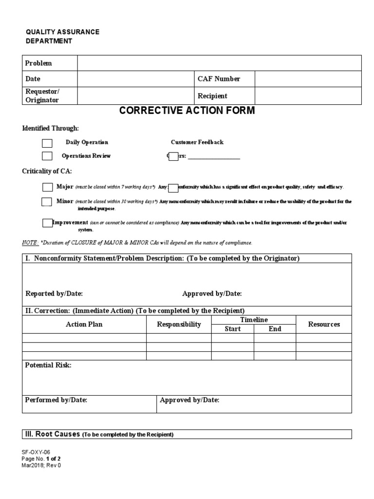 Corrective Action Form: Quality Assurance Department | PDF | Business