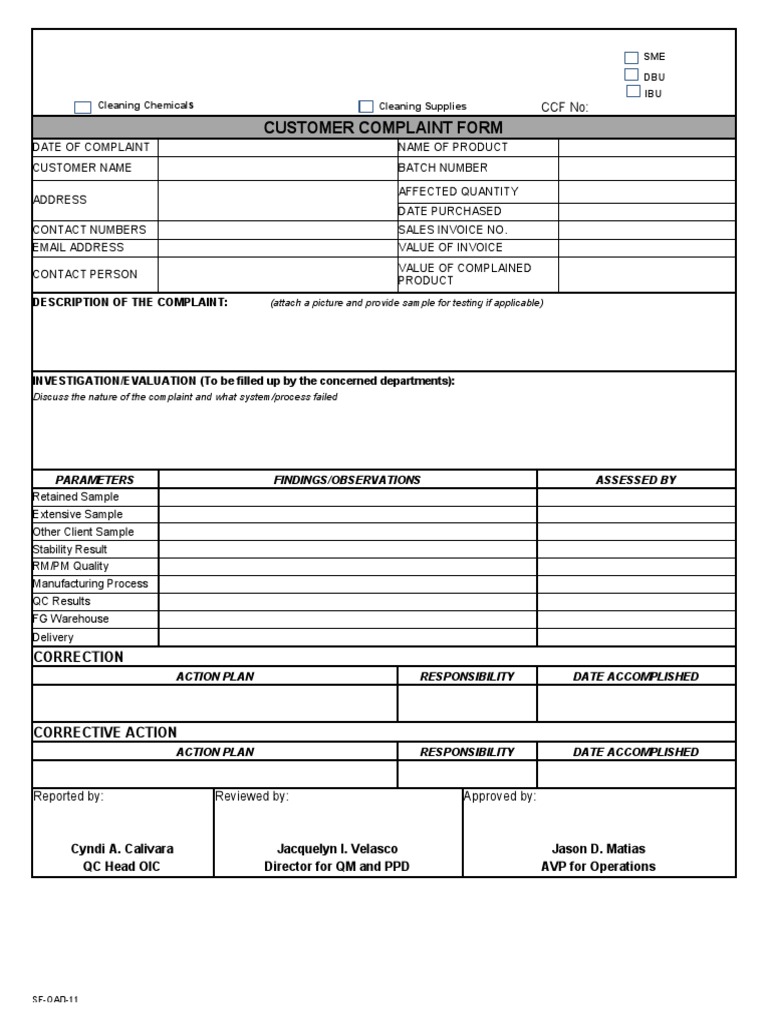 Customer Complaint Form: Documenting an Investigation into a Reported ...