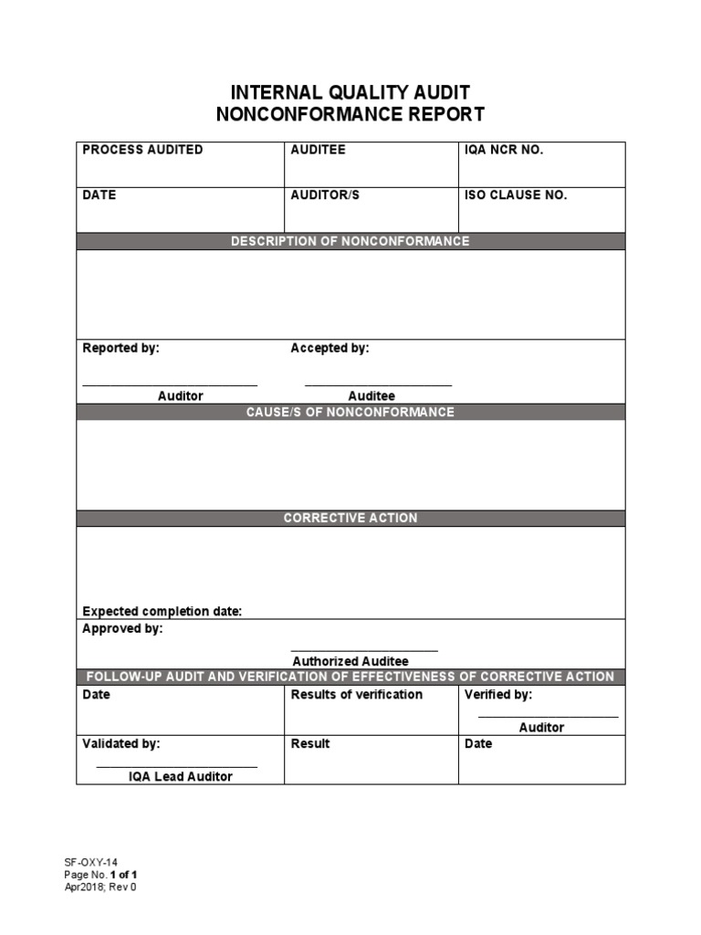 Internal Quality Audit Nonconformance Report | PDF