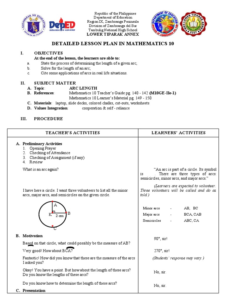Detailed Lesson Plan in Math 10 (Circles, ARC LENGTH) | Download Free ...